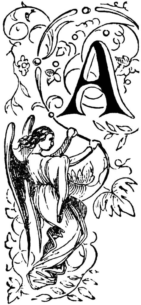Decorative Letter A with Angel Holding Vine | ClipArt ETC